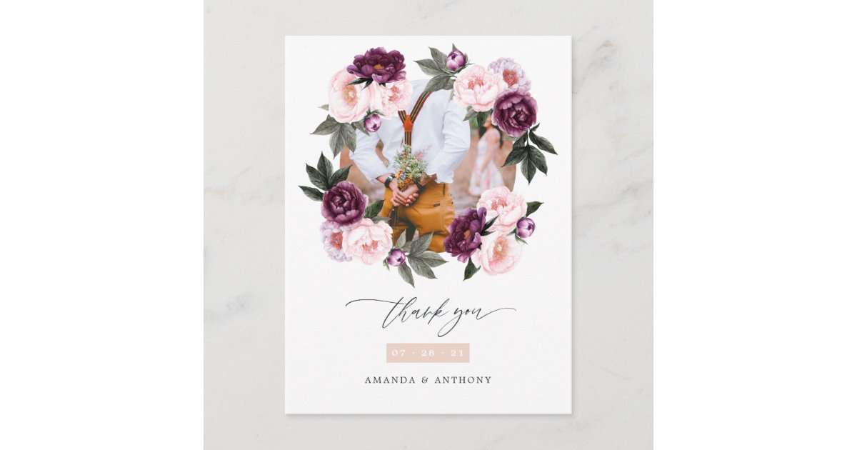 Deep Velvet & Blush Pink Floral Wedding Thank You Postcard | Zazzle