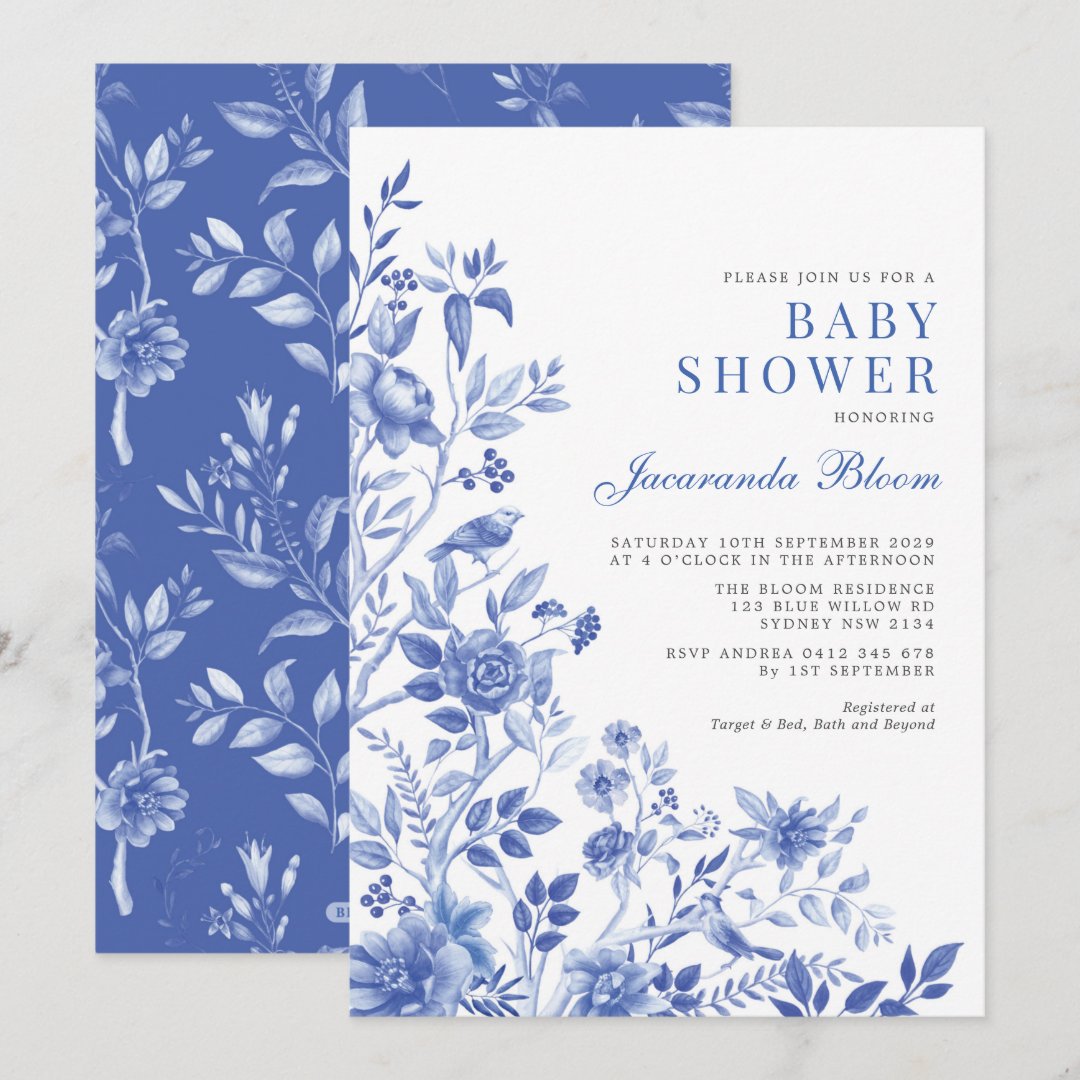 Delft Blue Chinoiserie Garden Neutral Baby Shower Invitation | Zazzle
