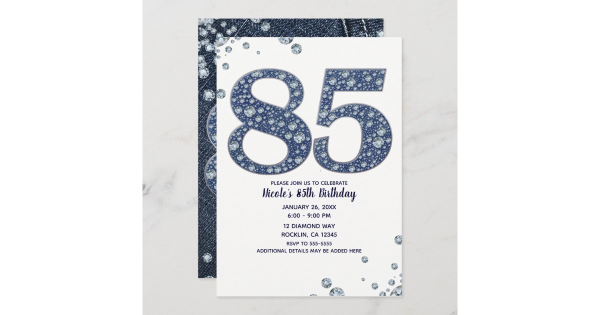 Denim & Diamonds Bling Sparkle 85TH 85 Birthday Invitation | Zazzle