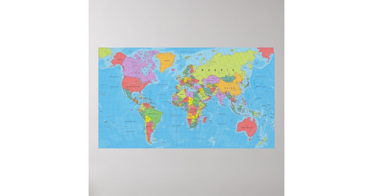 Detailed colourful political world map poster | Zazzle