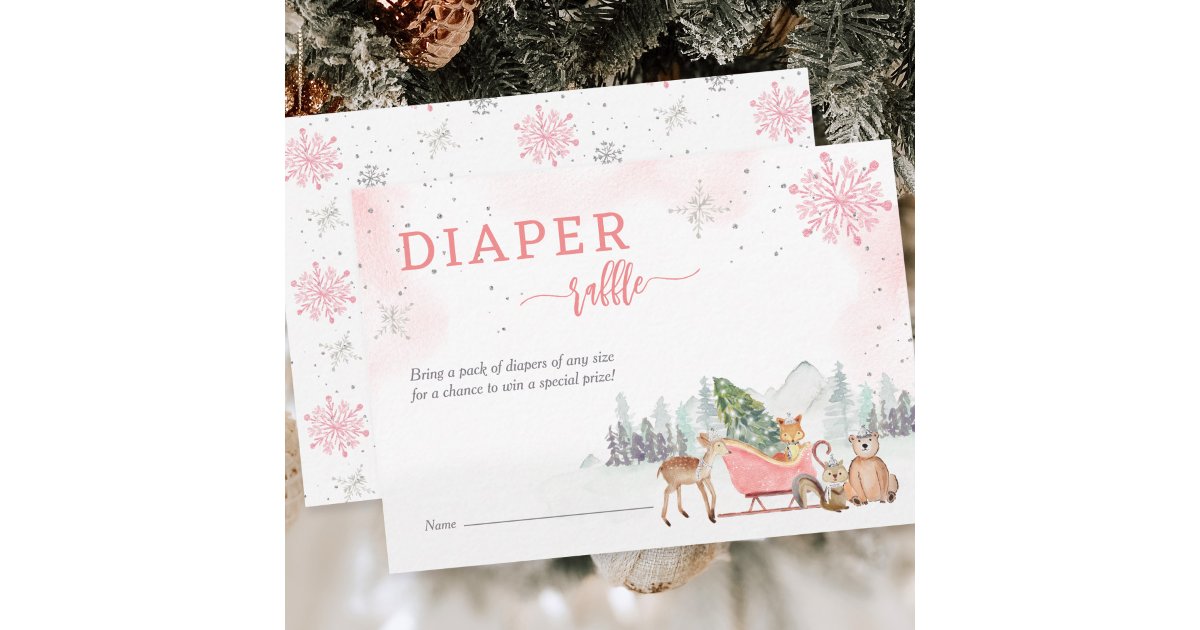 Diaper Raffle Winter Woodland Girls Baby Shower Enclosure Card | Zazzle