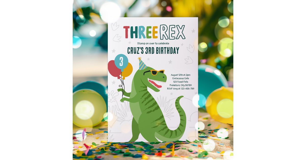 Dinosaur Three Rex 3rd Birthday Party T-Rex Invitation | Zazzle