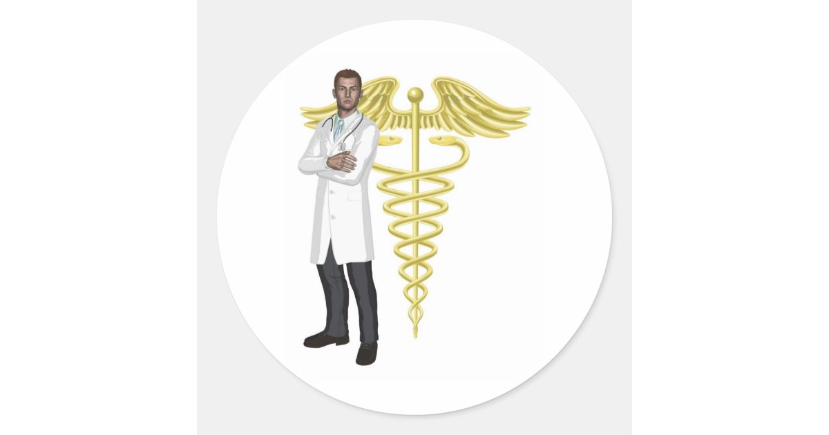 Doctor and caduceus symbol illustration classic round sticker | Zazzle