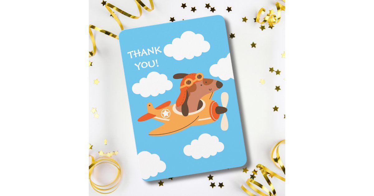 Dog Pilot Flying Airplane, Cute Fun Kids Birthday Thank You Card | Zazzle