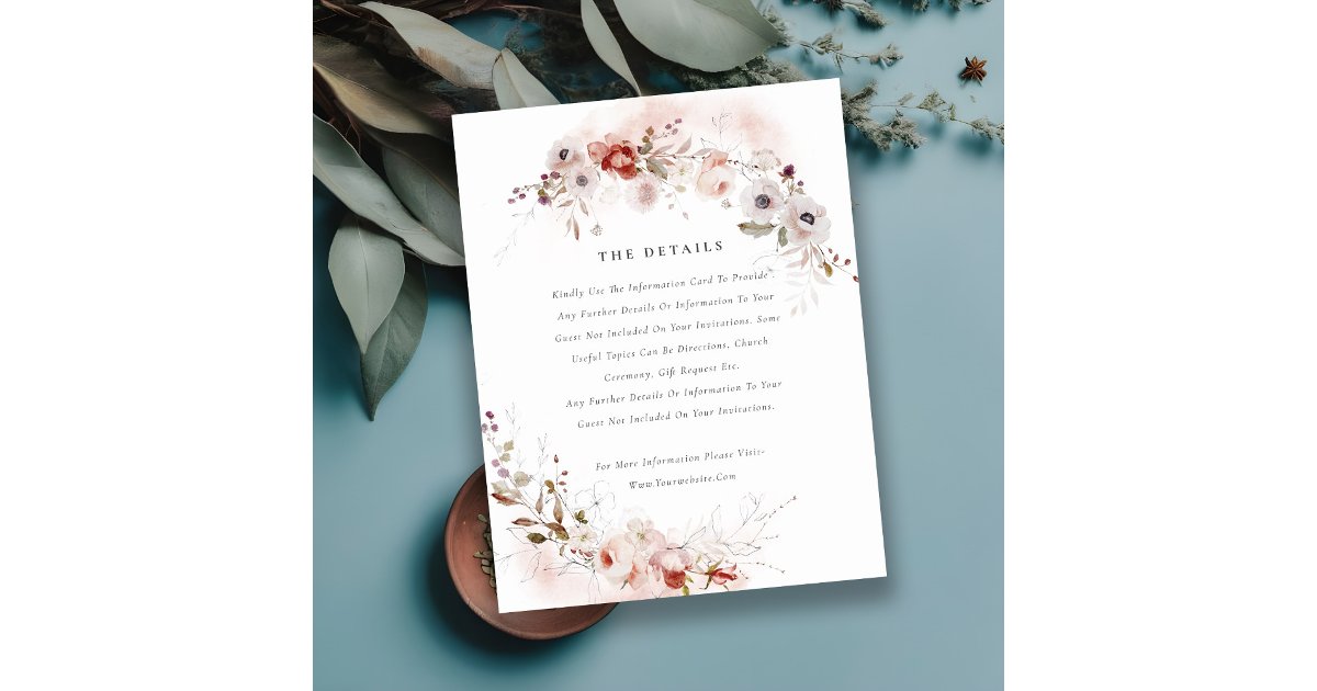Dusky Fall Marsala Blush Floral Wedding Details Enclosure Card | Zazzle