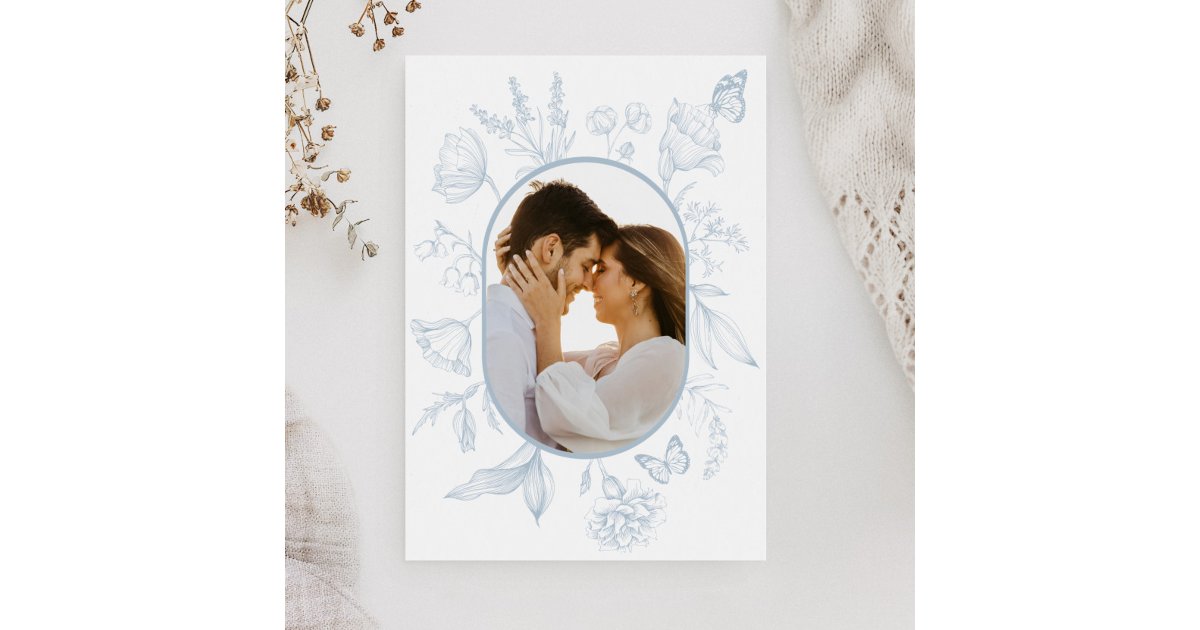 Dusty Blue Line Art Floral Butterfly Photo Thank You Card | Zazzle