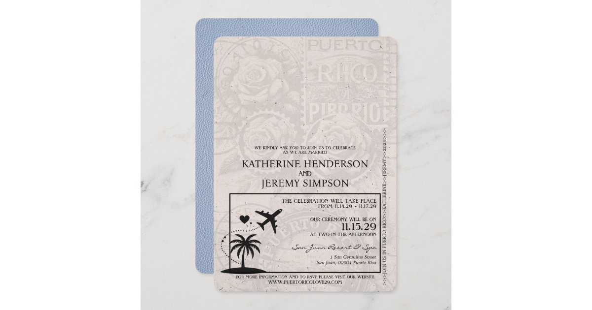 Dusty Blue Puerto Rico Passport Wedding Invitation | Zazzle