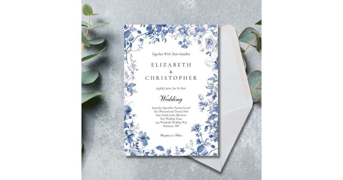 Dusty Blue Toile Floral Watercolor Elegant Wedding Invitation | Zazzle