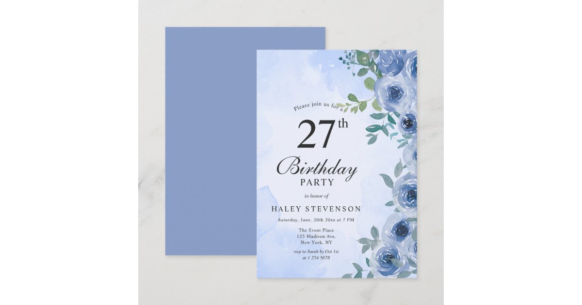 Dusty Blue Watercolor Floral Chic 27th Birthday Invitation | Zazzle