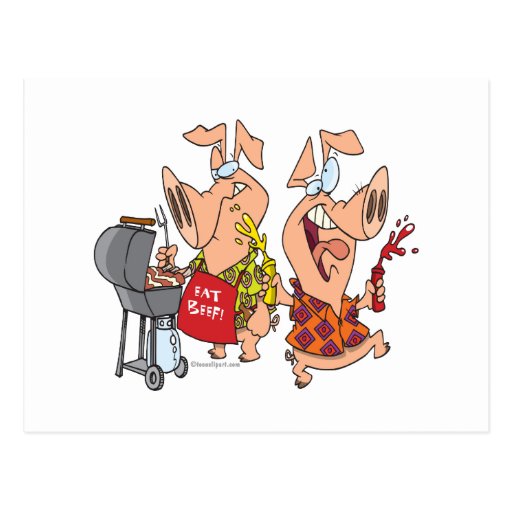 eat beef funny barbecue BBQing pigs Postcard | Zazzle
