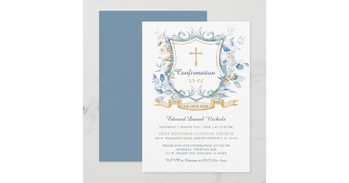 Editable Confirmation Blue and Gold Monogram Invitation | Zazzle