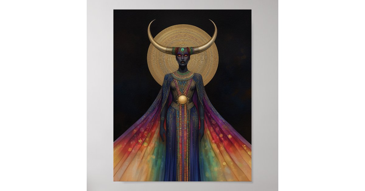 Egyptian Goddess Hathor Rainbow Gold Black Art Poster | Zazzle