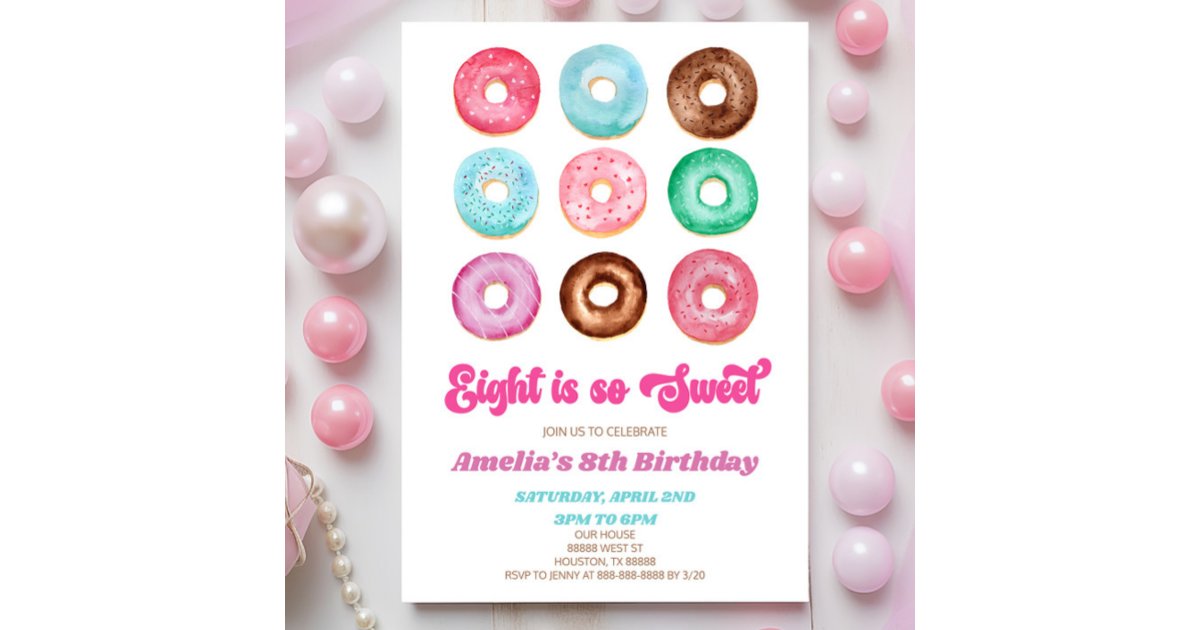 Eight Is So Sweet Doughnut 8th Birthday Party Invitation | Zazzle