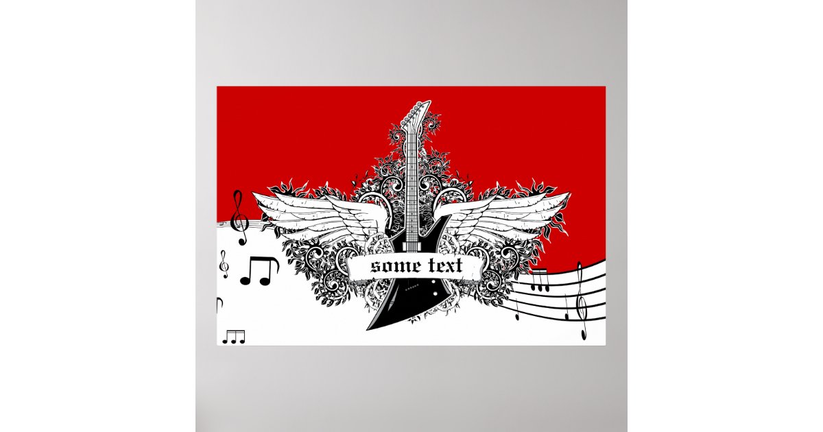Electric guitar black white red wings print poster | Zazzle