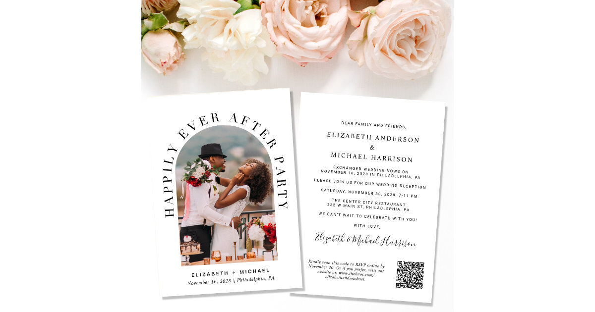 Elegant Arch Photo QR Code Wedding Reception Invitation | Zazzle