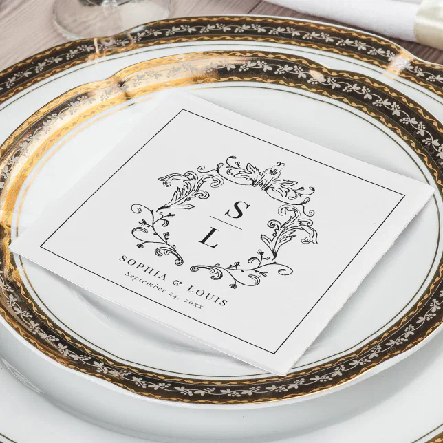 Elegant Baroque Crest Monogram Wedding Napkin | Zazzle