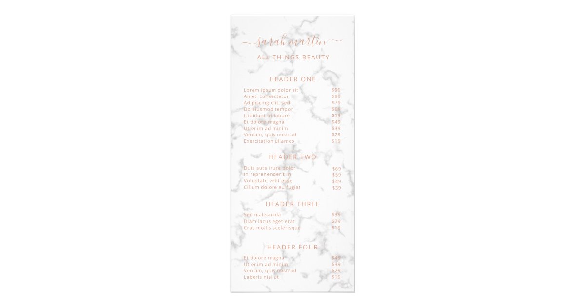 Elegant Beauty Salon Price List Rose Gold Marble Rack Card | Zazzle