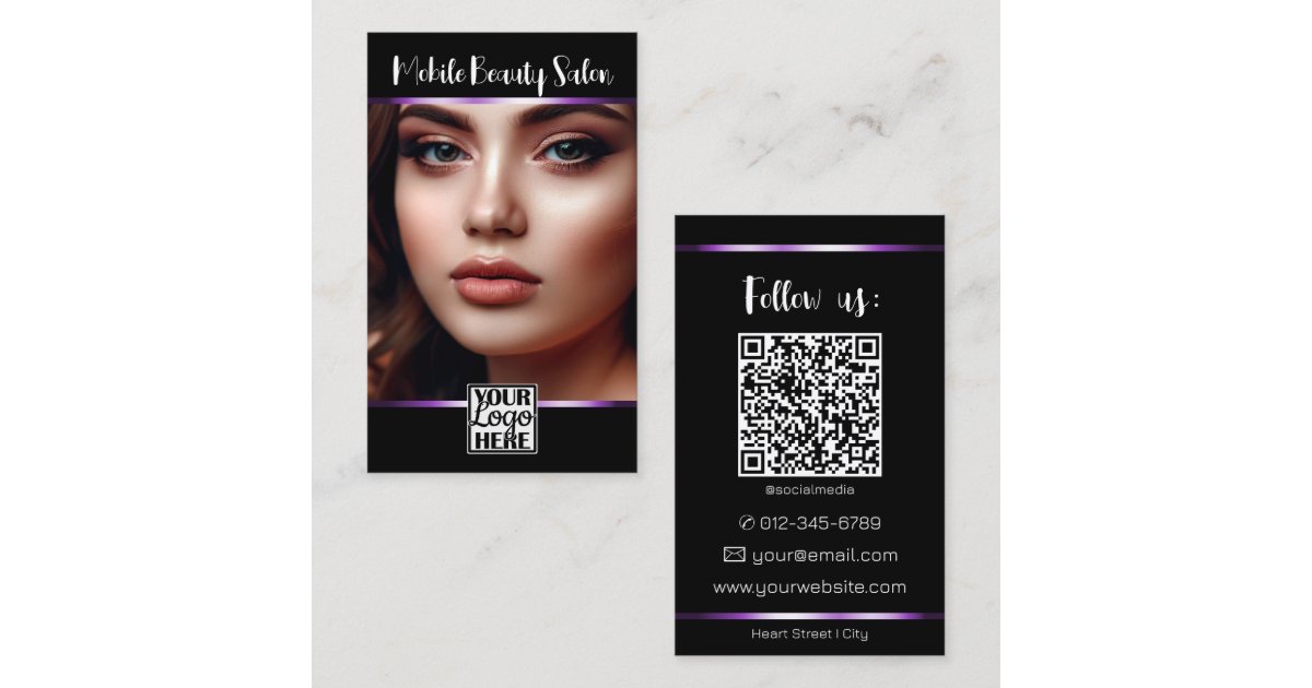 Elegant Black Purple Logo Photo QR Code Template Business Card | Zazzle