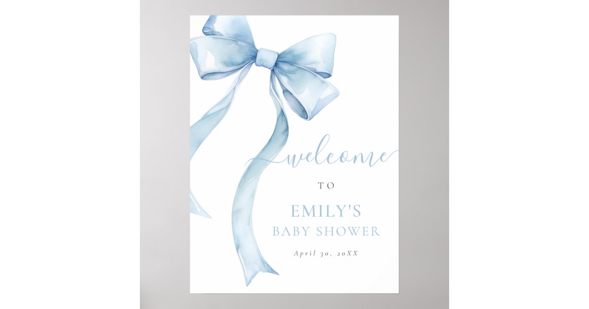 Elegant Blue Coquette Bow Boy Baby Shower Welcome Poster | Zazzle