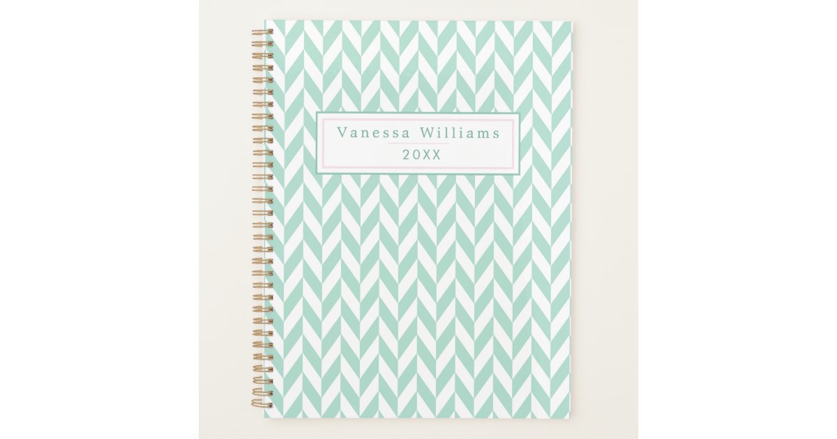 Elegant Cute Mint Green Herringbone Pattern Planner | Zazzle