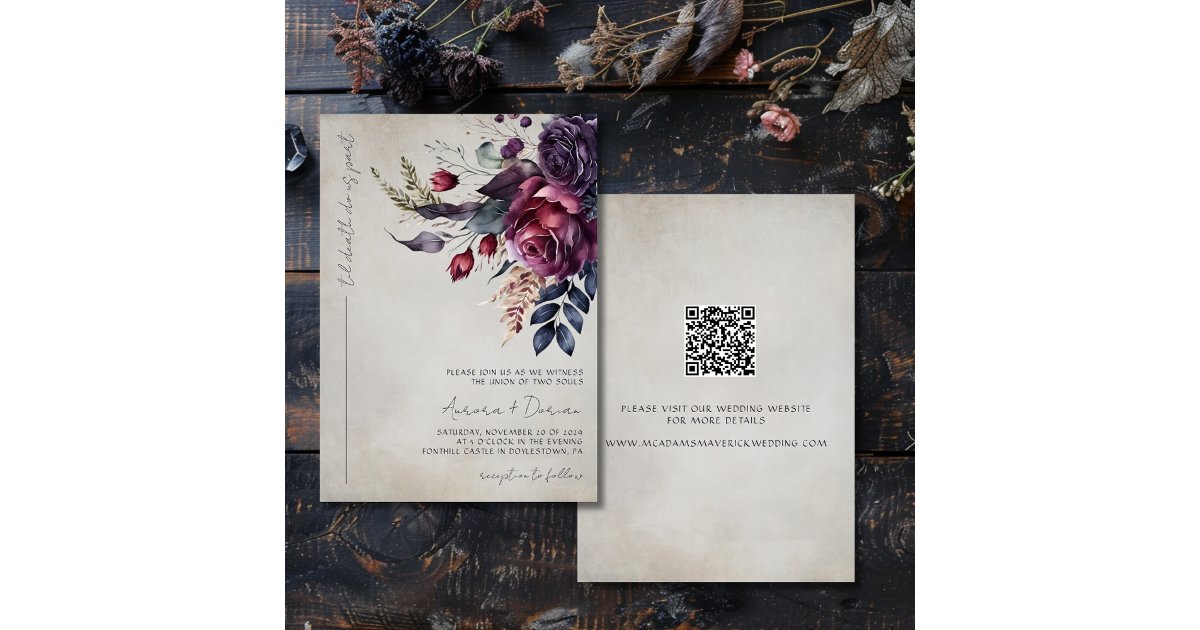 Elegant Gothic Watercolor Floral QR Code Wedding Invitation | Zazzle