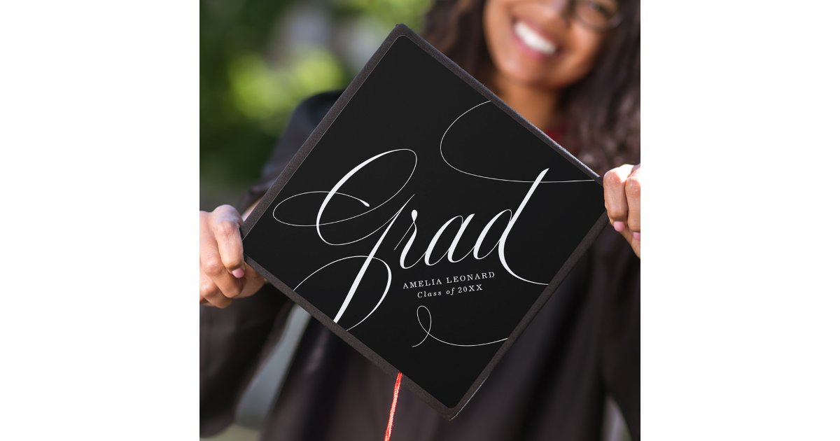 Elegant Grad Calligraphy Script Black and White Graduation Cap Topper ...