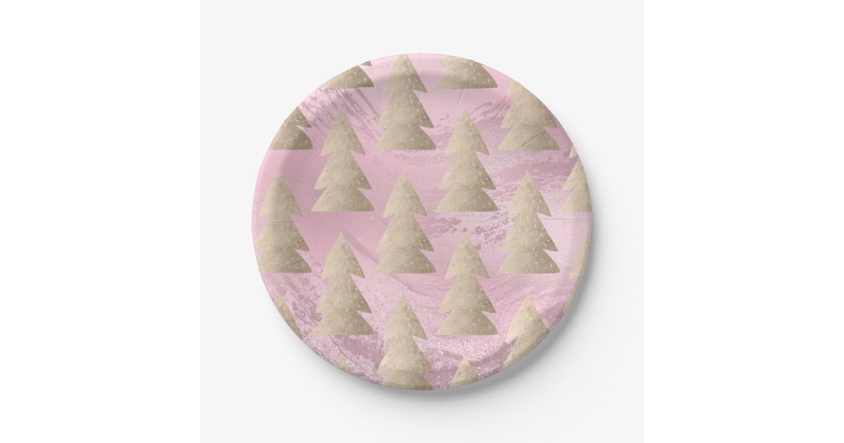 Elegant modern gold & pink Christmas tree pattern Paper Plate | Zazzle