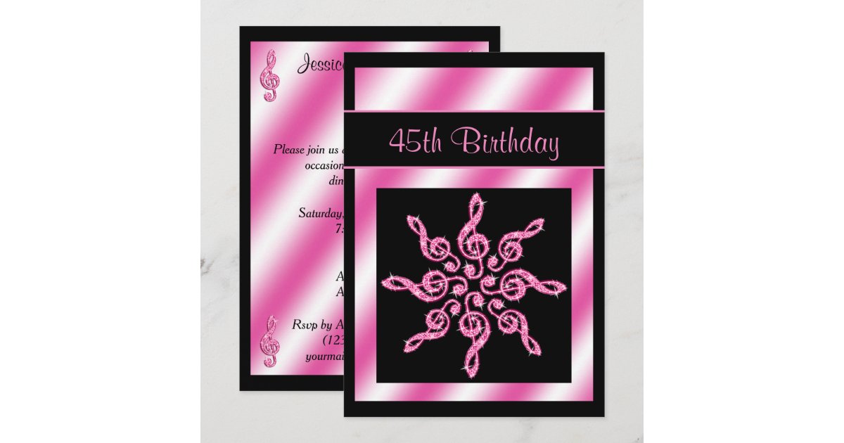 Elegant, Pretty Pink Circle Of Music 45th Birthday Invitation | Zazzle