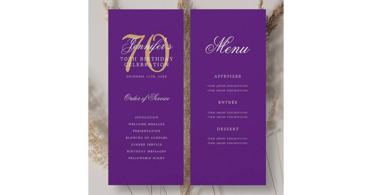 Elegant Purple Gold 70th Birthday Program Menu | Zazzle