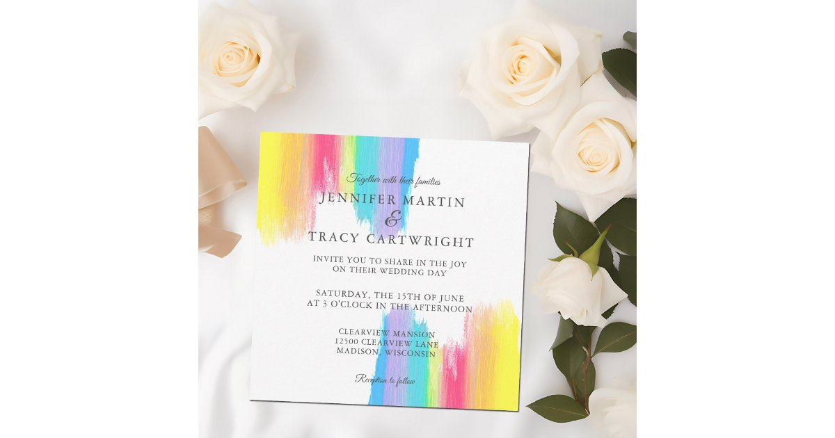 Elegant Rainbow Modern Colourful LGBTQ Wedding Invitation | Zazzle