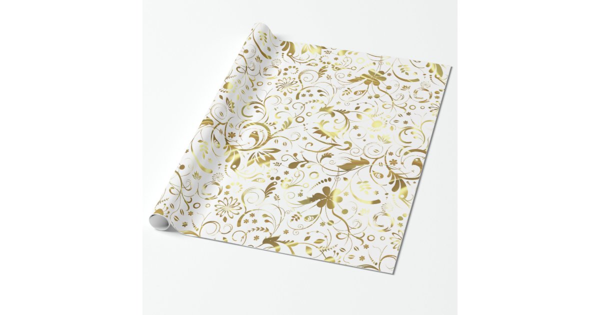 Elegant White And Gold Floral Damasks Wrapping Paper | Zazzle