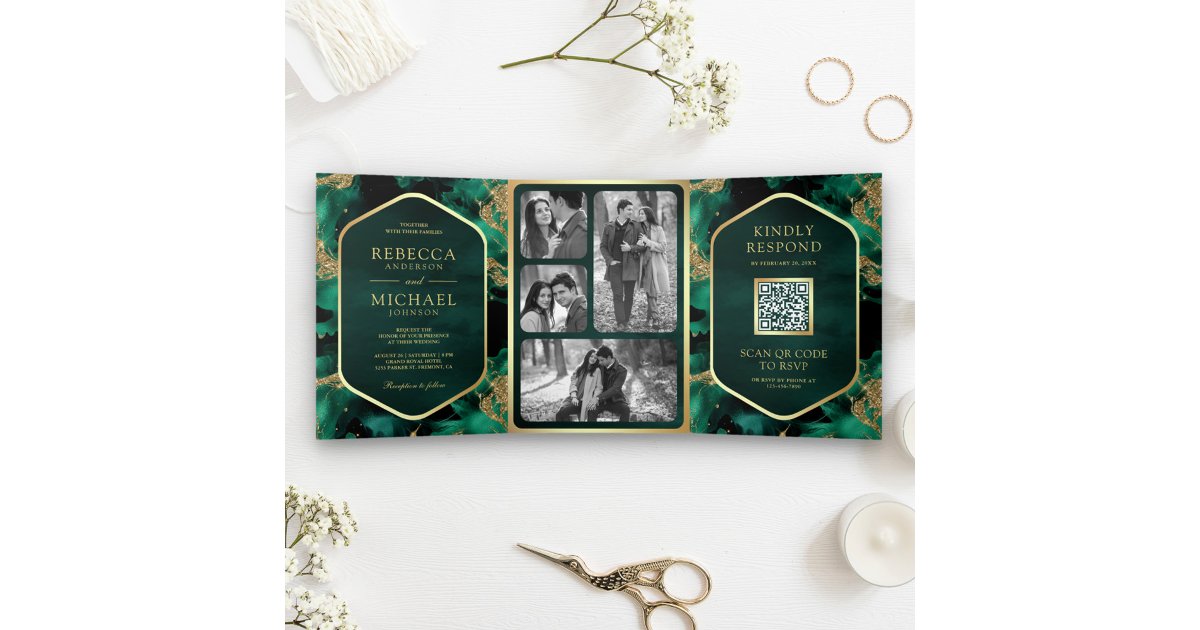 Emerald Gold Abstract Fluid Ink QR Code Wedding Tri-Fold Invitation ...