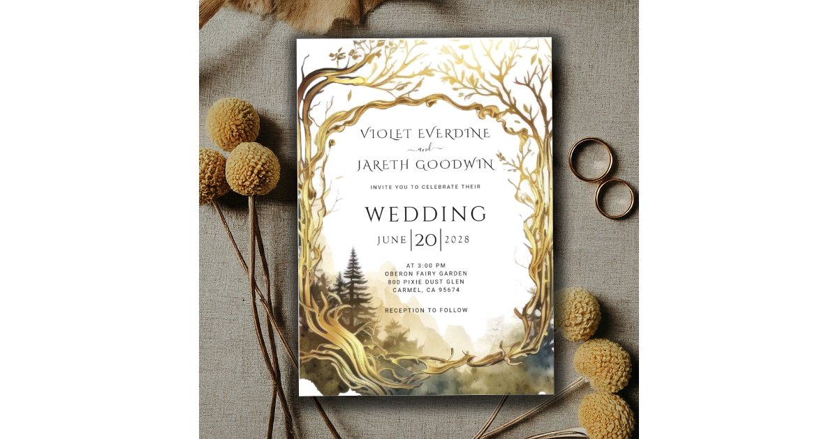 Enchanted Forest Gold Portal Wedding Invitation | Zazzle