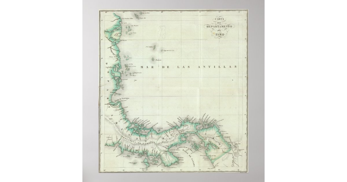 Engraved Map of Panama Poster | Zazzle