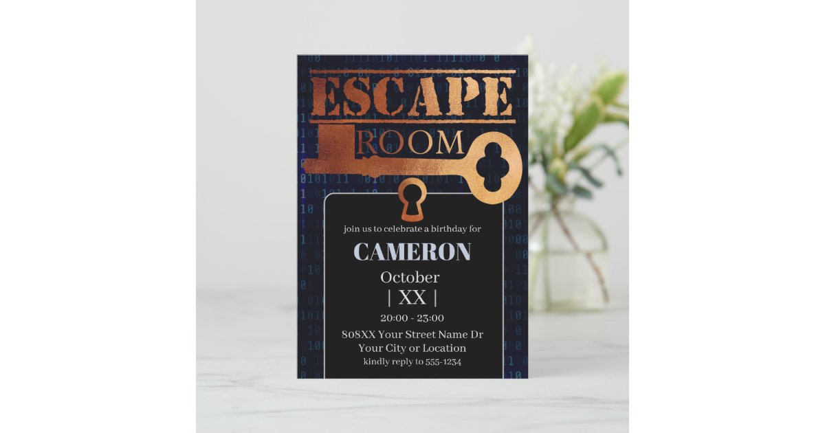 Escape Room Party Lock and Key Binary Code Black Invitation | Zazzle