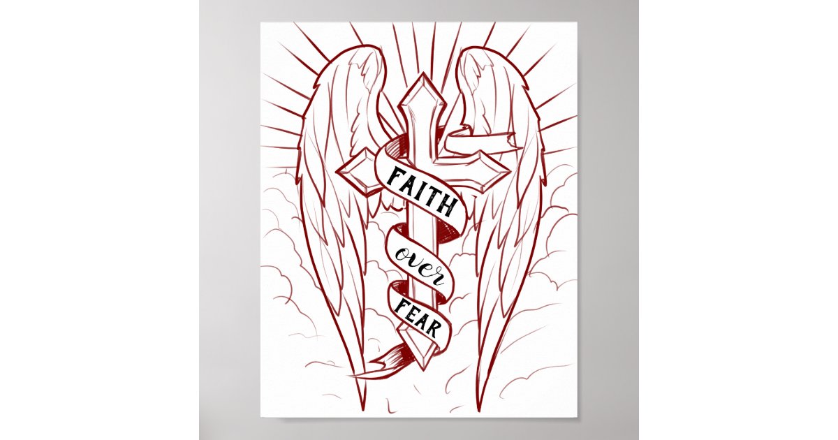 Faith Over Fear Angel Wings & Cross Christian Art Poster | Zazzle