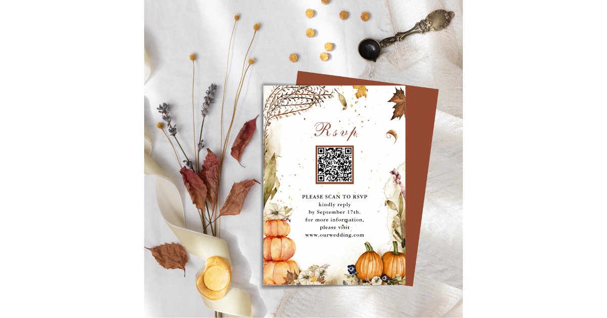 Fall In Love Pumpkin Autumn Wedding QR Code RSVP Enclosure Card | Zazzle