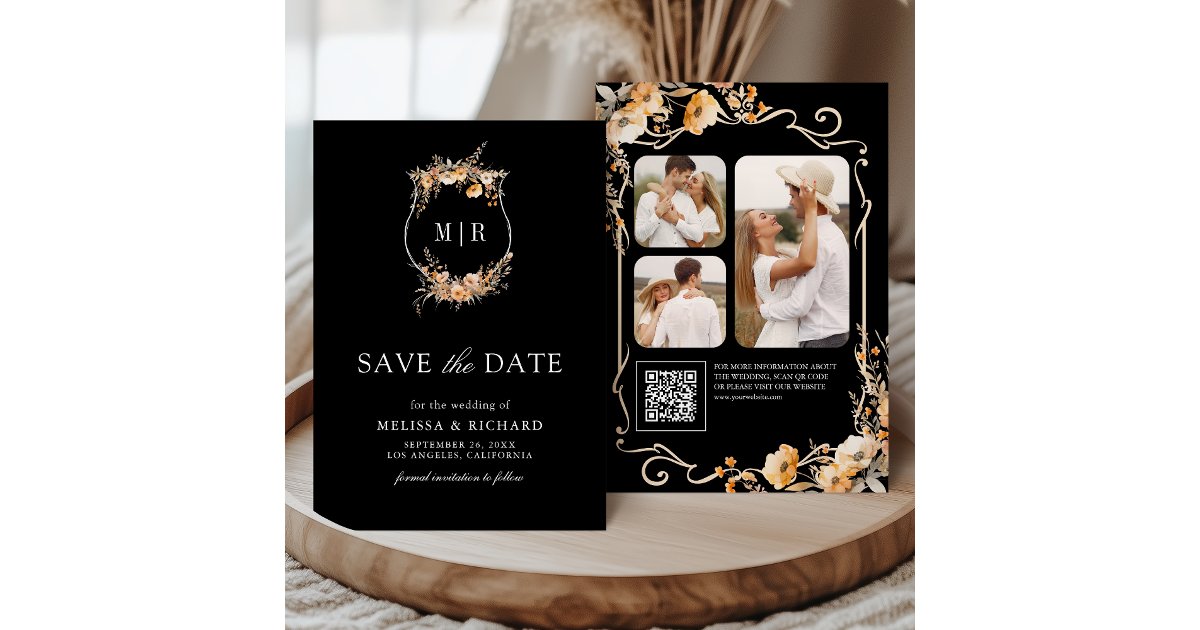 Fall Wildflower Crest QR Code Black Wedding Save The Date | Zazzle