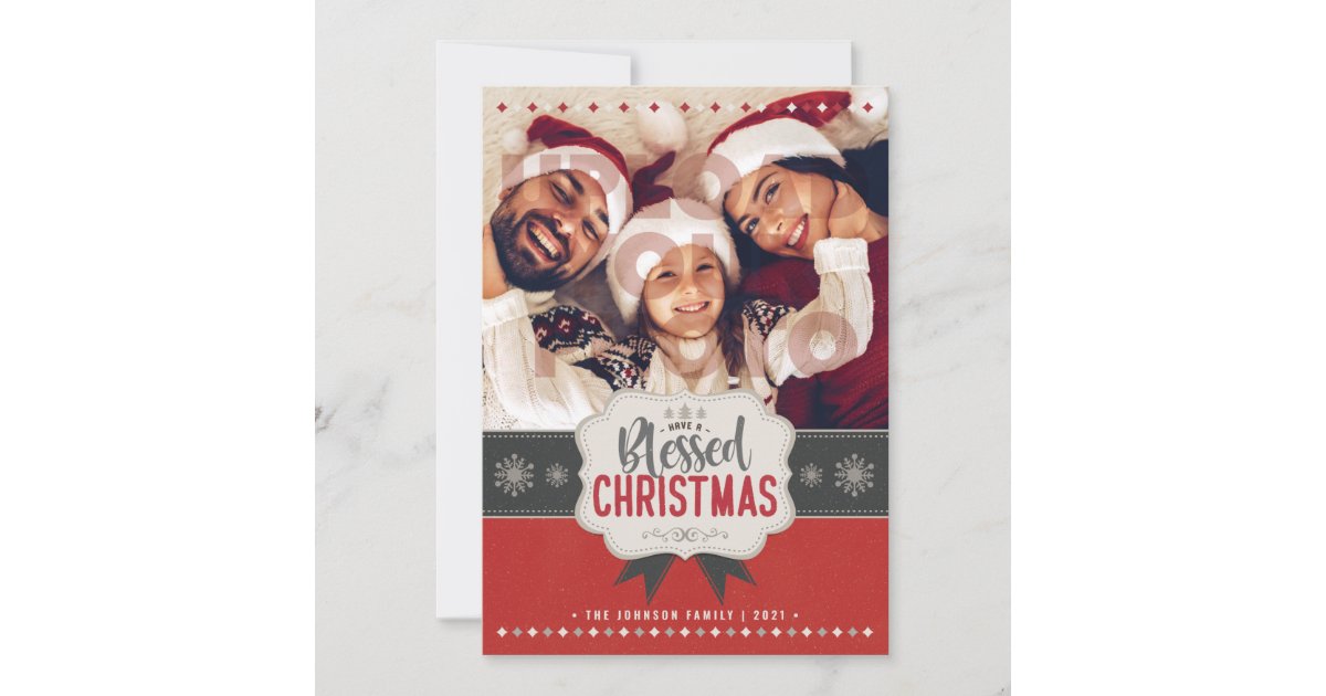 Family Photo Have a Blessed Christmas Red Card | Zazzle
