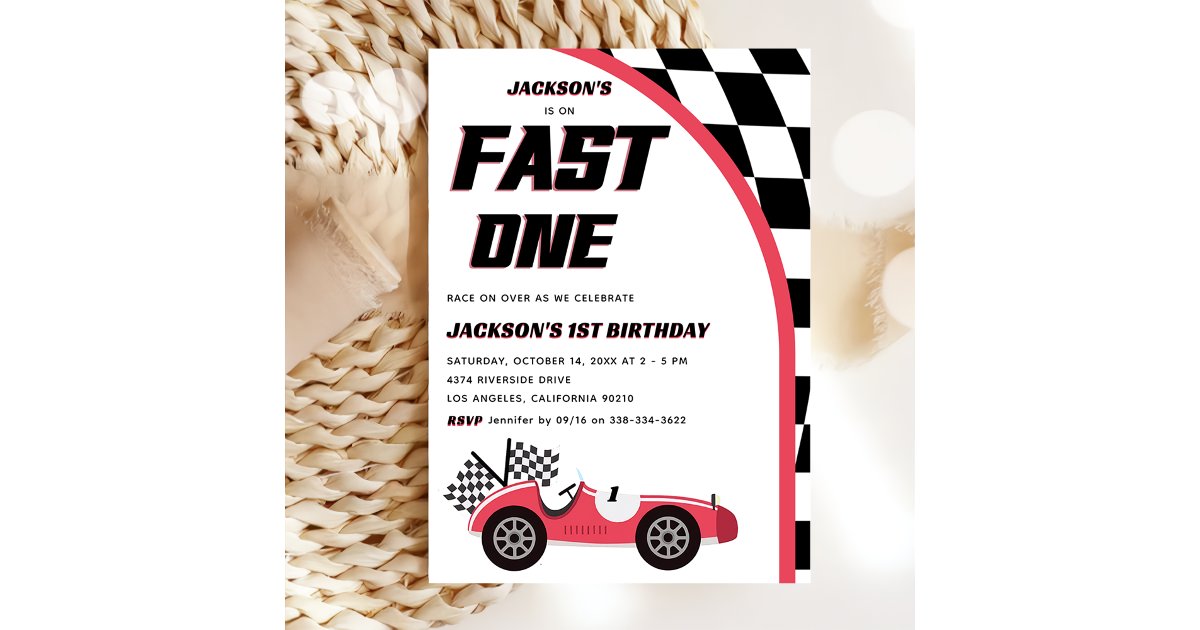 Fast One Red Race Car Birthday Party Invitation | Zazzle