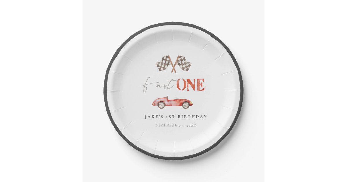 Fast ONE Red Retro Race Car Paper Plates | Zazzle