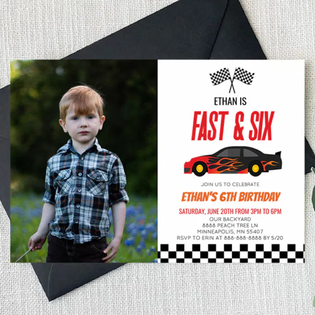 Fast & Six Red Flame Race Car 6th Birthday Party Invitation | Zazzle