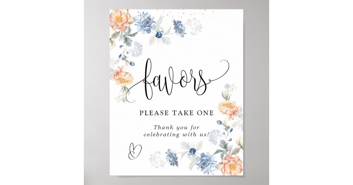 Favours Please Take One Floral Peach Blush Blue Poster | Zazzle