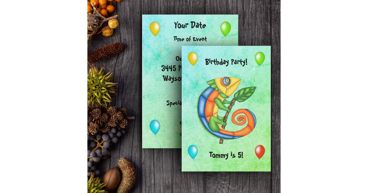 Festive Colourful Fantasy Lizard Balloons Birthday Invitation | Zazzle
