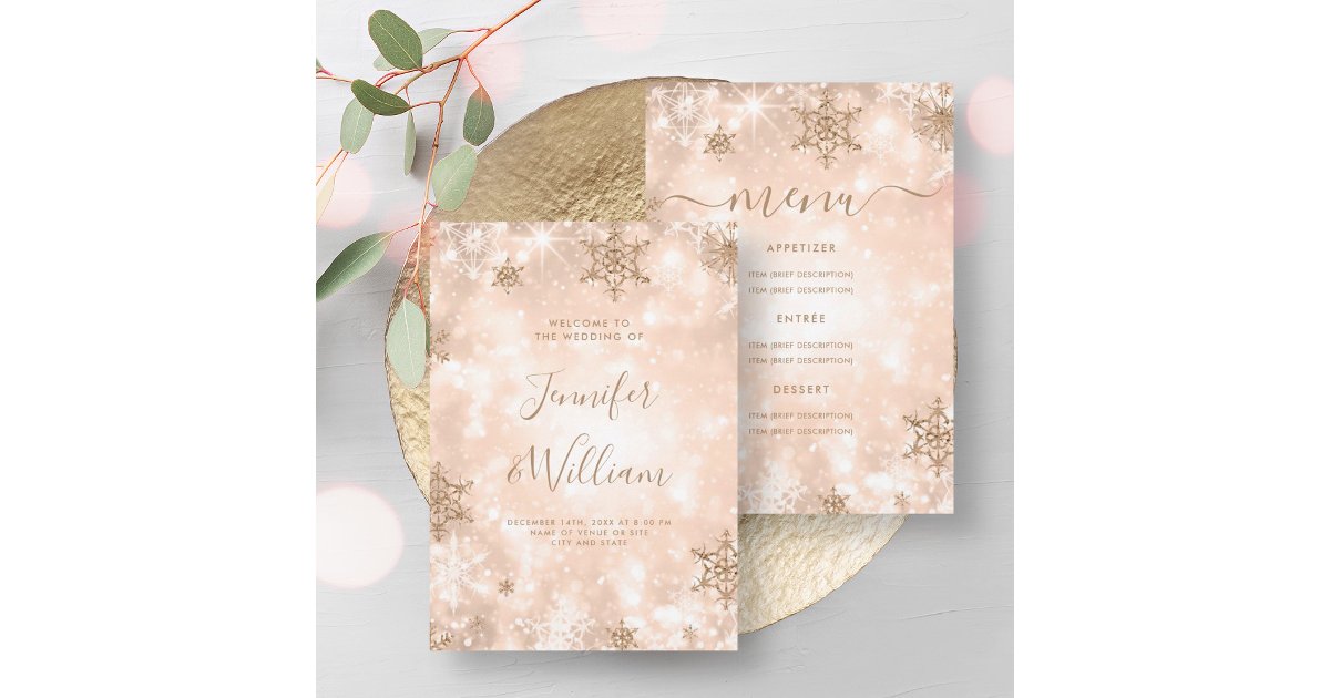 Festive Sparkle Rose Gold Winter Wedding Menu Invitation | Zazzle