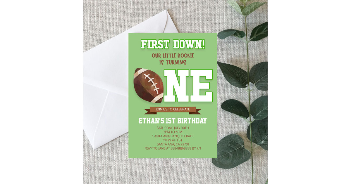 First Down Football Green ONE 1st Birthday Party Invitation | Zazzle
