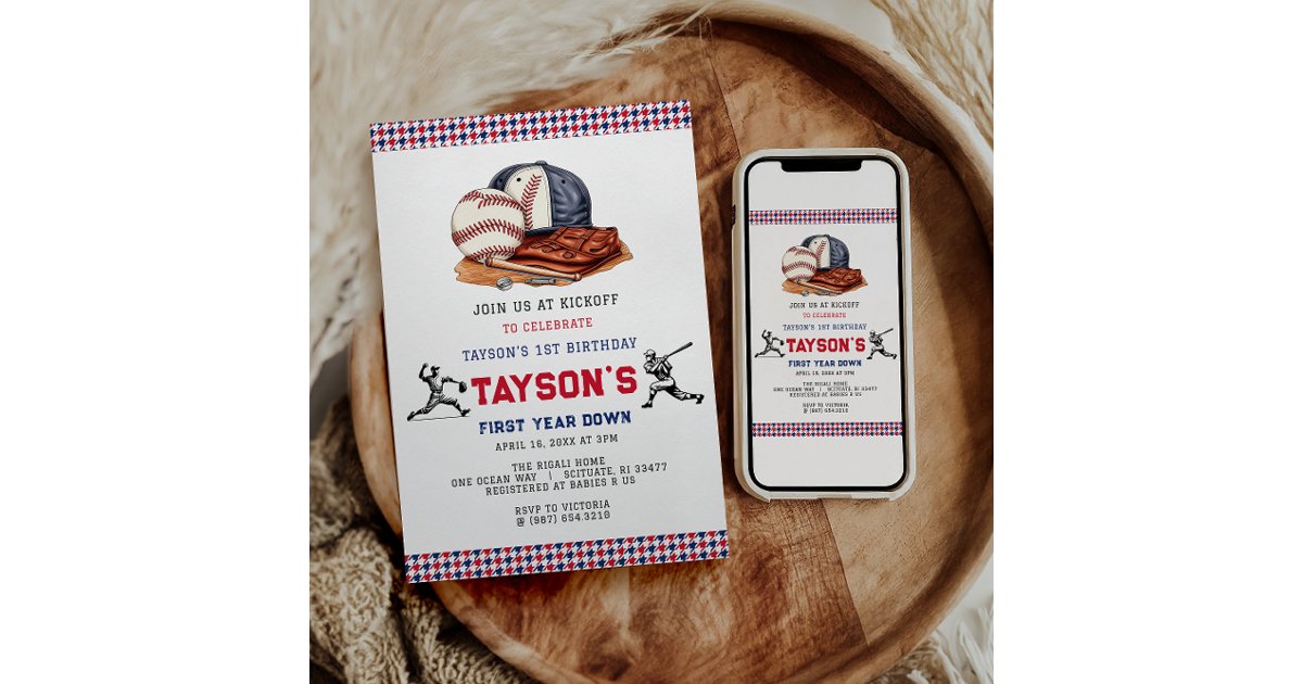 First Year Down Baseball 1st Birthday Party Invitation | Zazzle