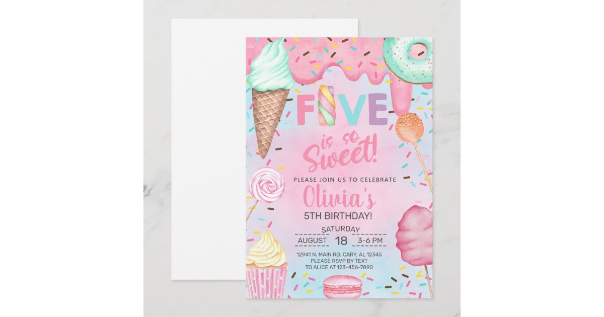 Five is so Sweet girl 5th birthday invitation. Invitation | Zazzle