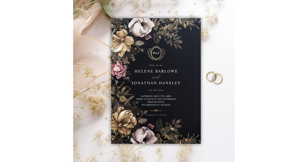 Floral Gothic Black Monogram Wedding Invitation | Zazzle