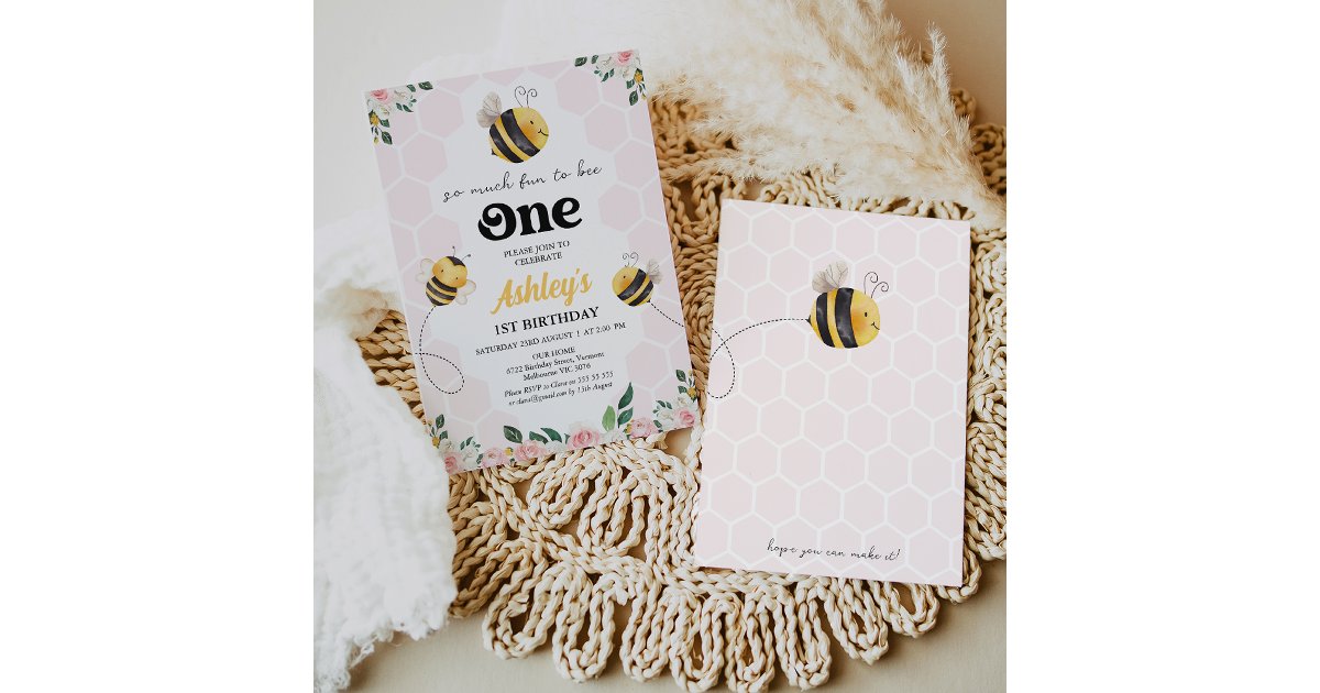 Floral Pink Yellow Fun To Bee One Bee 1st Birthday Invitation | Zazzle